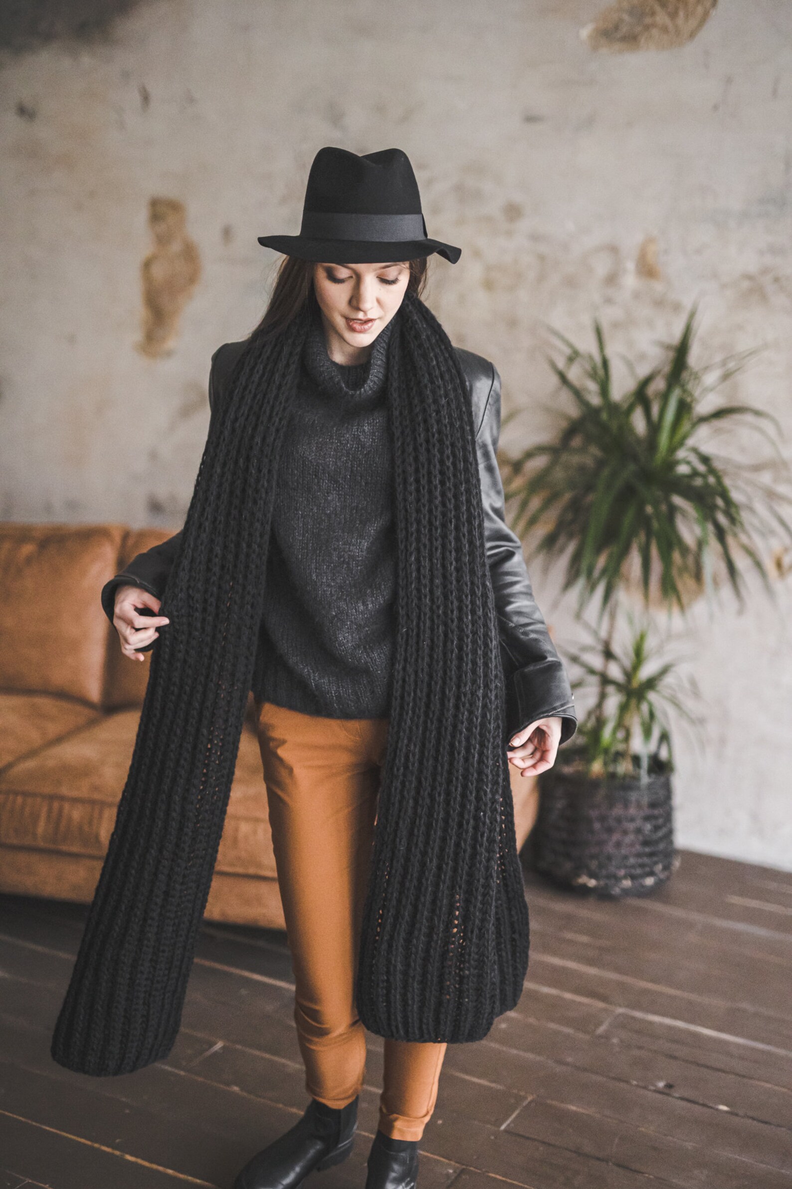 Black Long Winter Scarf, Fluffy Neck Warmer, Chunky Knit Woman Shawl ...