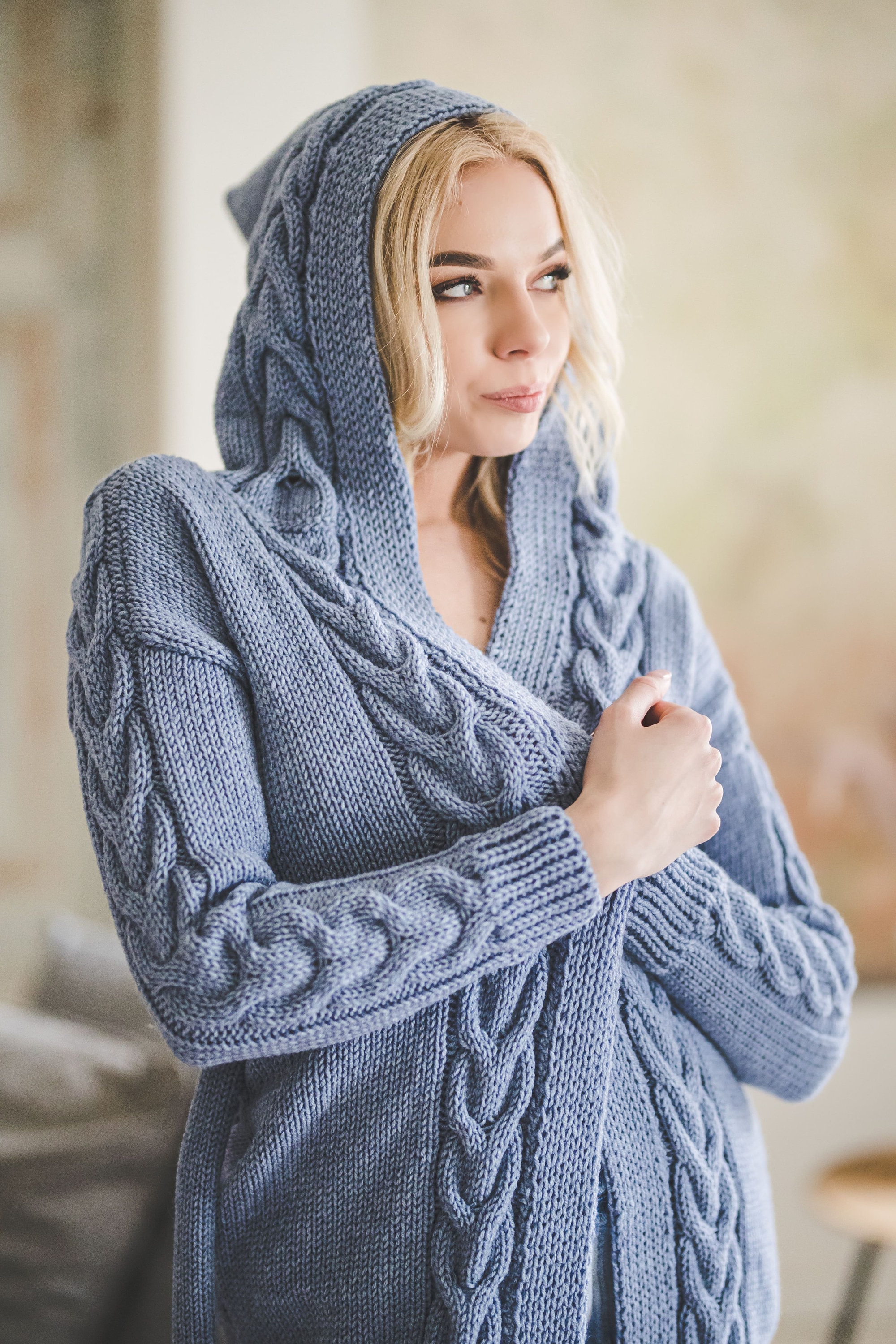 Sky Blue Long Sweater Coat, Cable Knit Long Cardigan for Women, Long ...