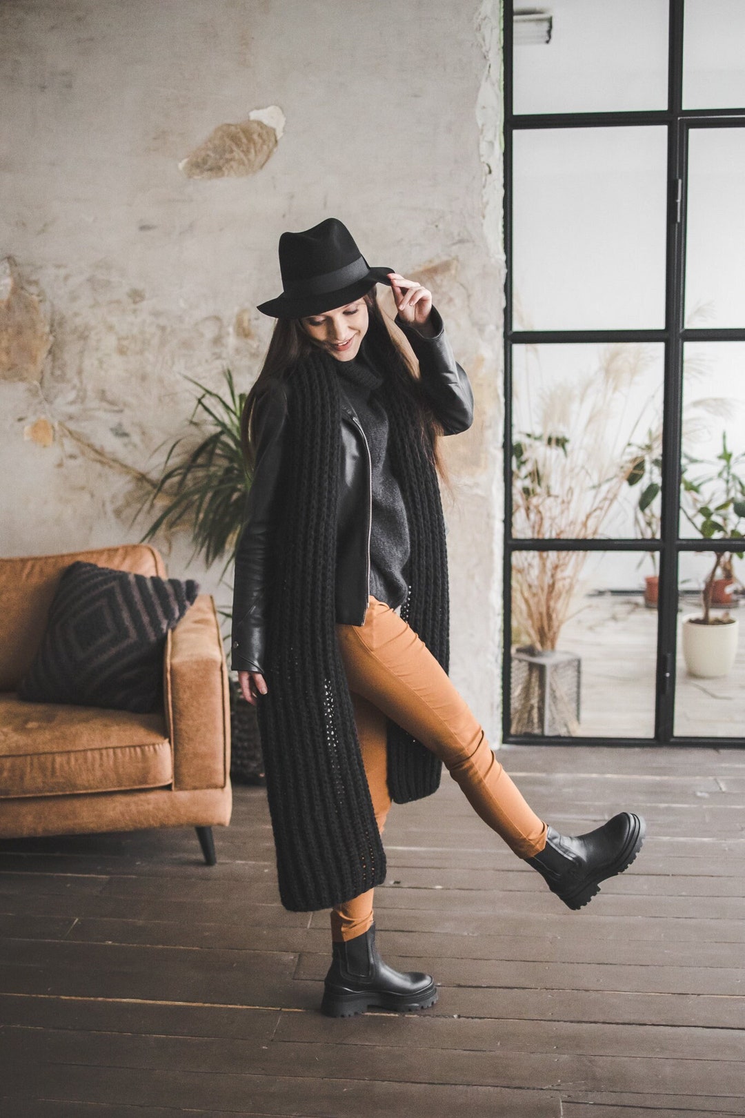 Black Long Winter Scarf, Fluffy Neck Warmer, Chunky Knit Woman Shawl ...