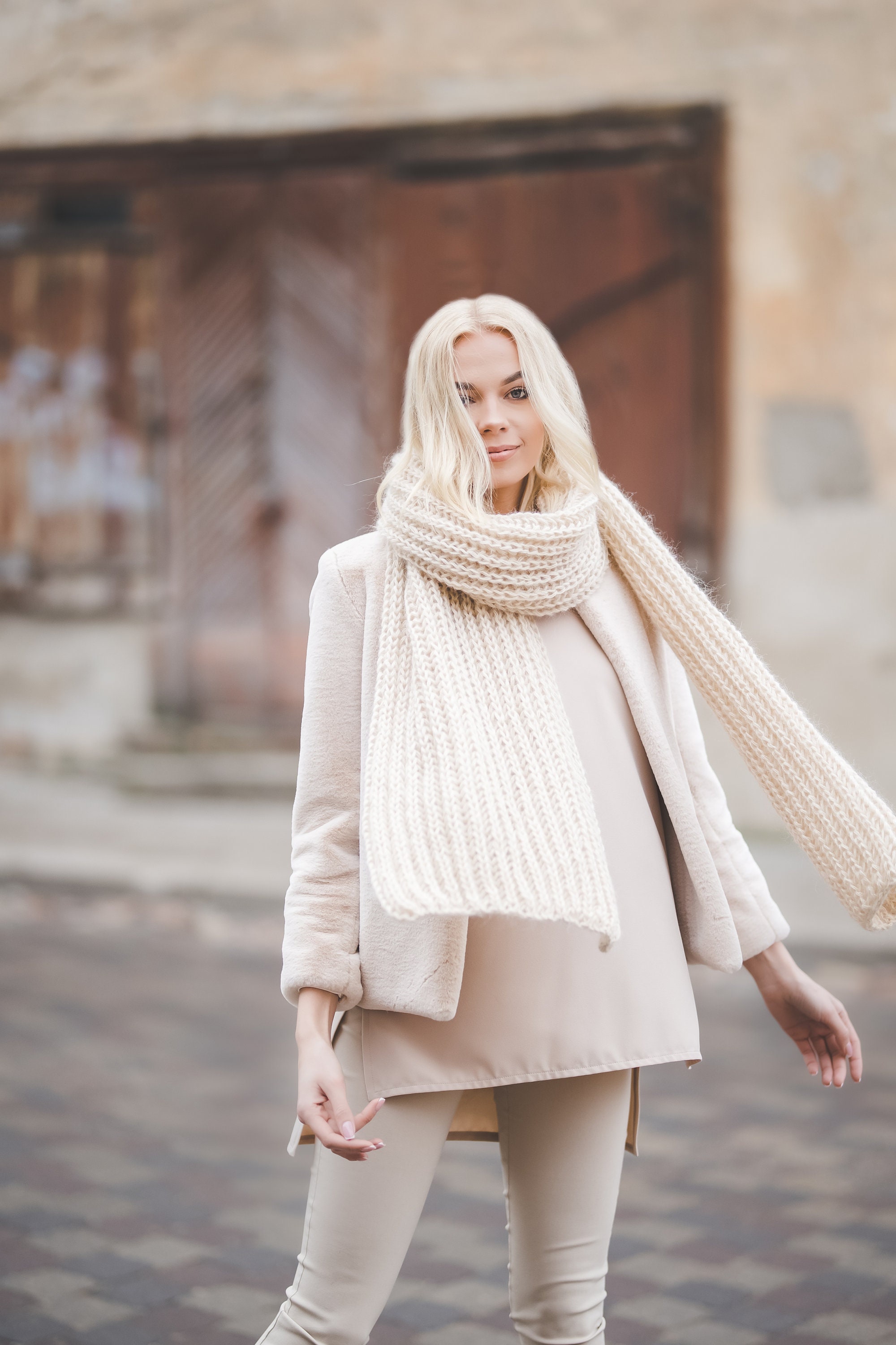 Oversized Long Winter Scarf, Wool Ivory Chunky Knit Woman Shawl, Big ...