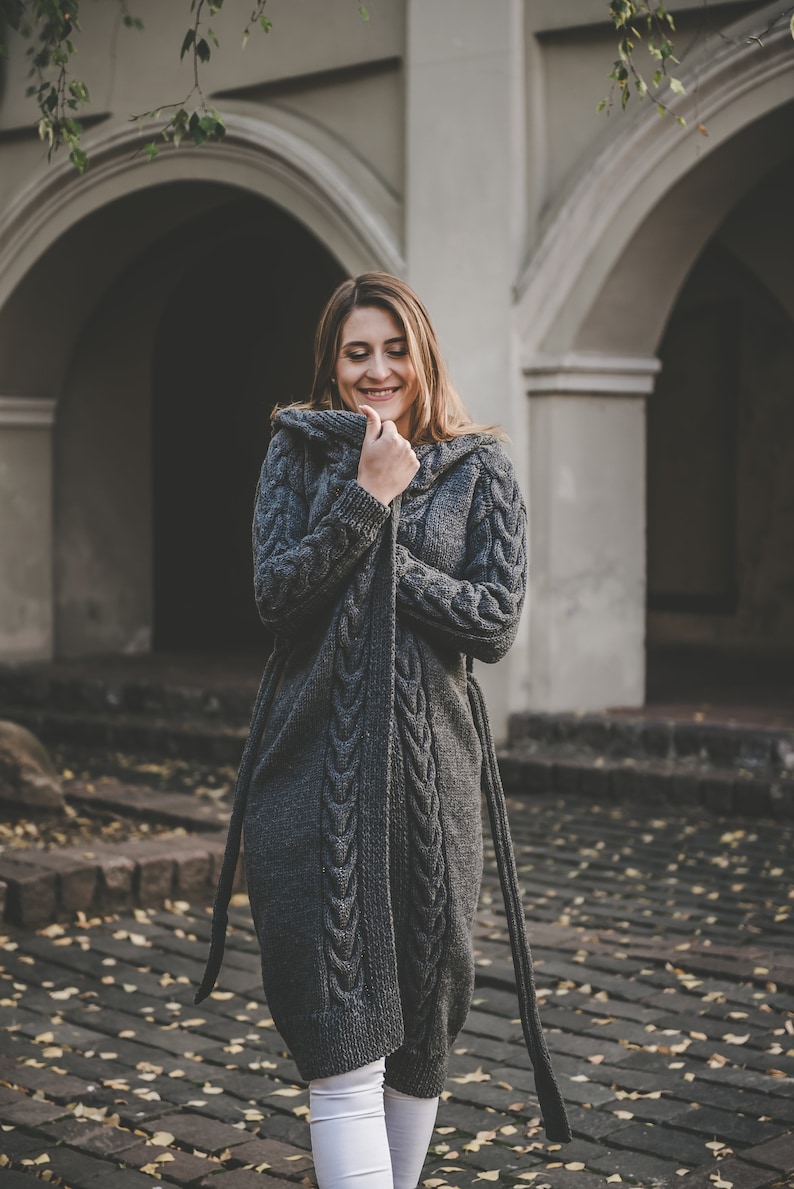 Long Women Cardigan, Cowl Long Coat, Bulky Aran Coat, Thick Knit ...