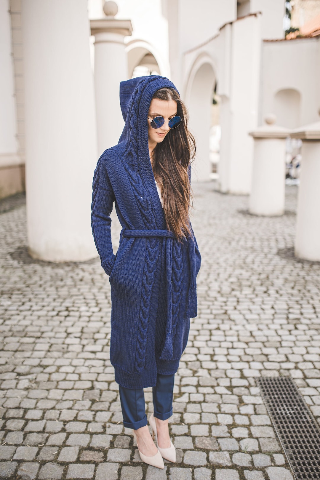 Long Hooded Cardigan, Cable Knit Long Sweater Coat, Belted Jacket for ...