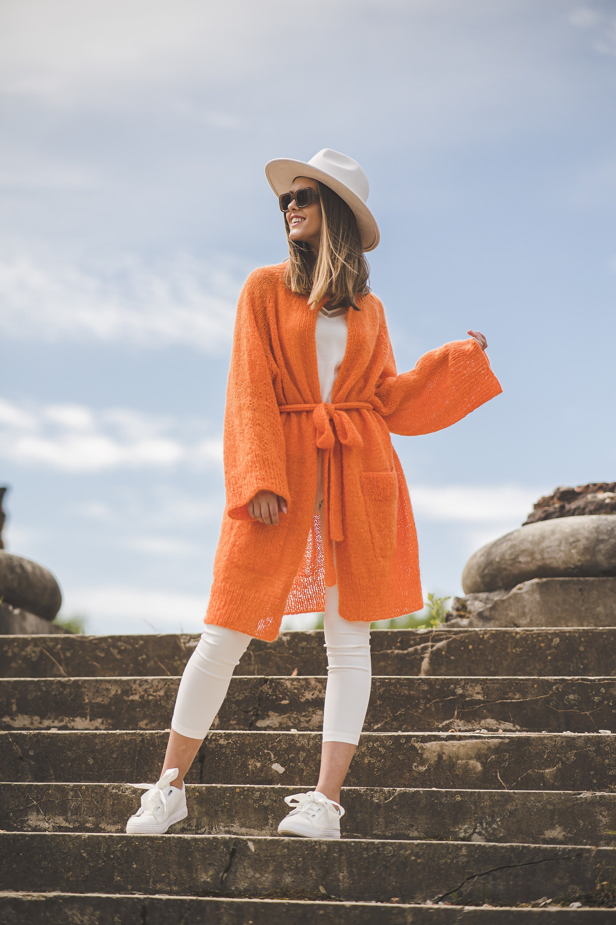 Long Orange Sweater Coat, Bright Knit Long Cardigan for Women, Long ...