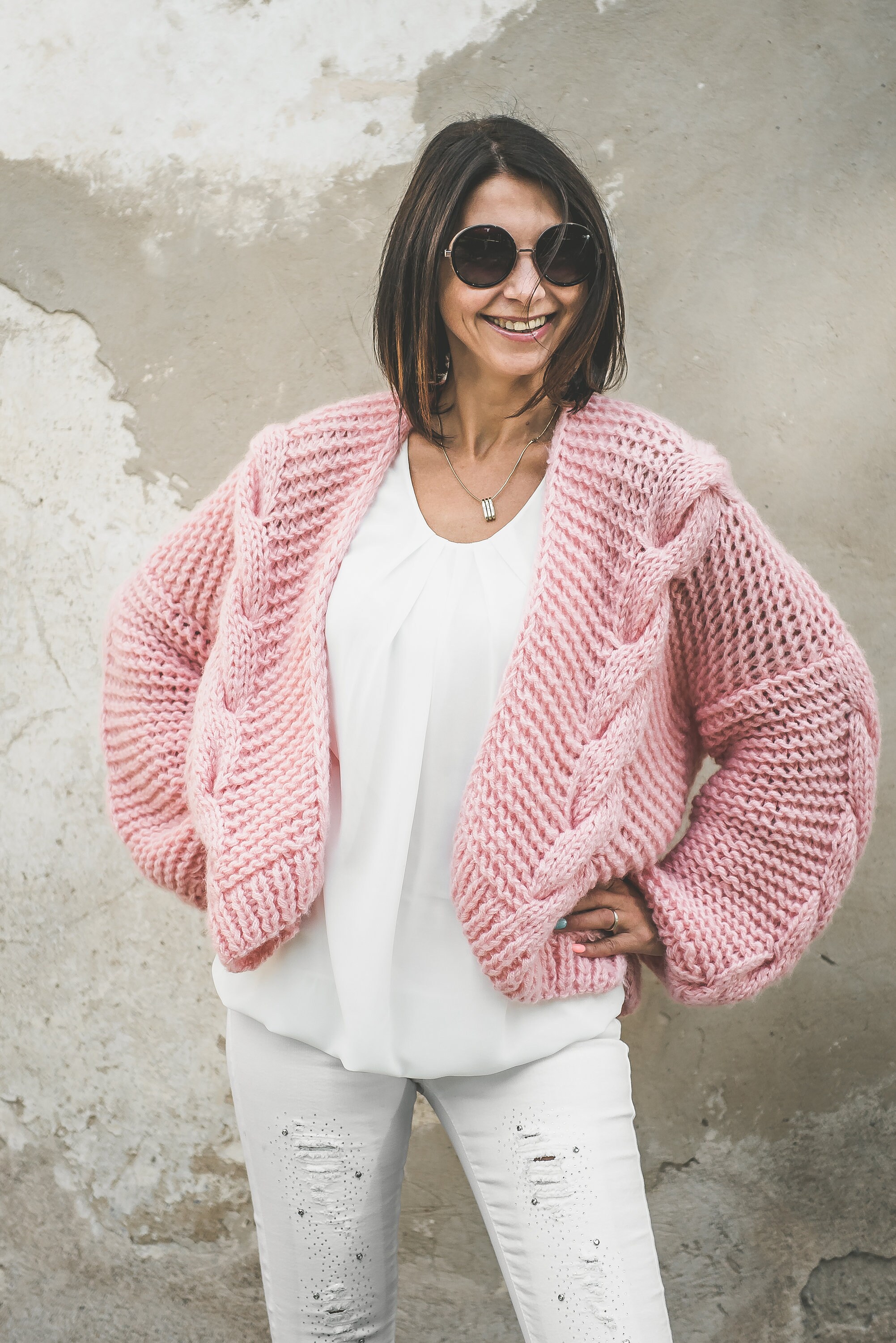 Cable Knit Pink Women Sweater Jacket, Aran Open Front Loose Fit Bulky ...