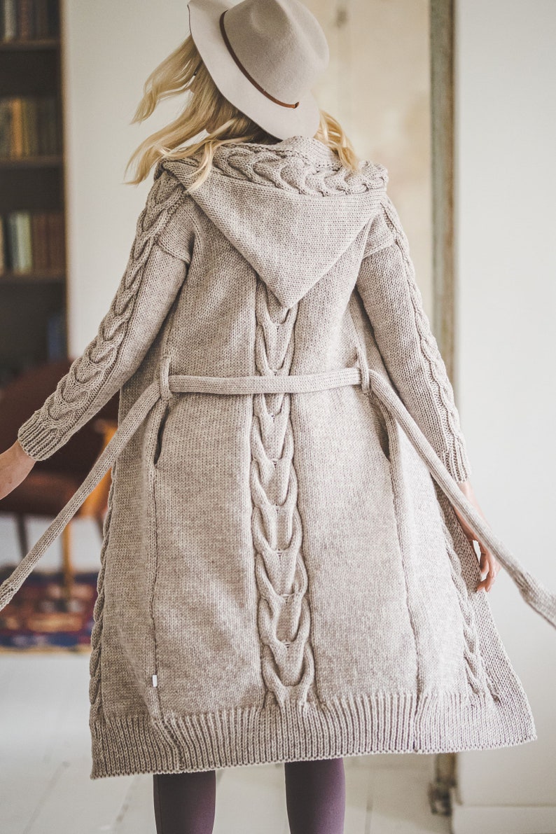Chunky Knit Long Sweater Coat for Women, Cable Knit Hooded Cardigan ...