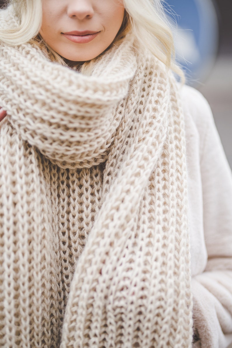 Oversized Long Winter Scarf, Wool Ivory Chunky Knit Woman Shawl, Big ...