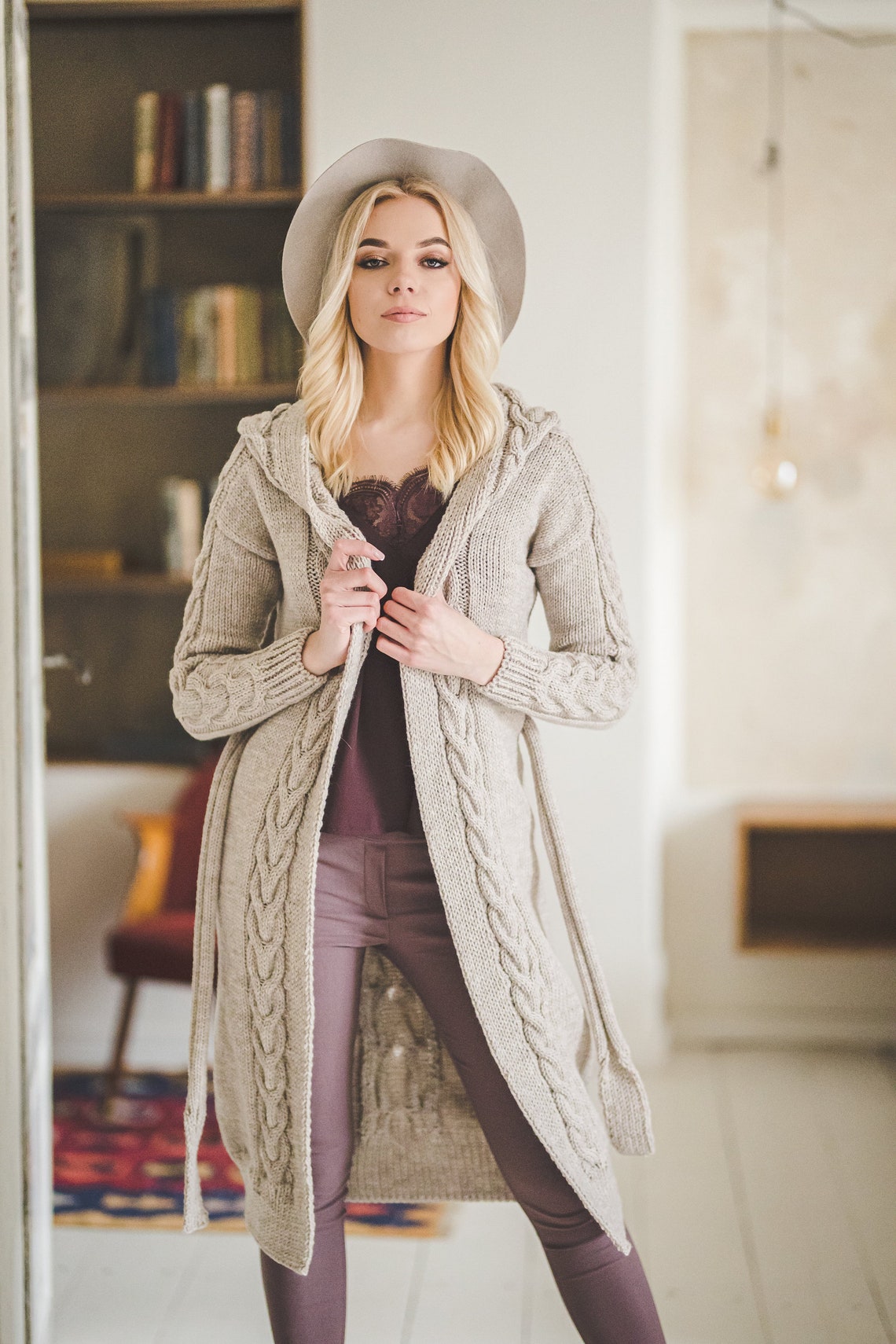 Chunky Knit Long Sweater Coat for Women Cable Knit Hooded - Etsy