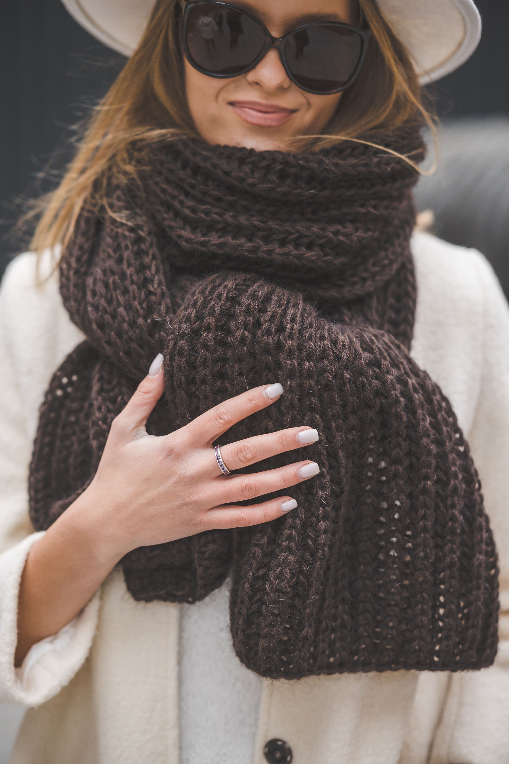 Soft Brown Winter Scarf, Long Fluffy Woman Showl, Chunky Knit Big ...