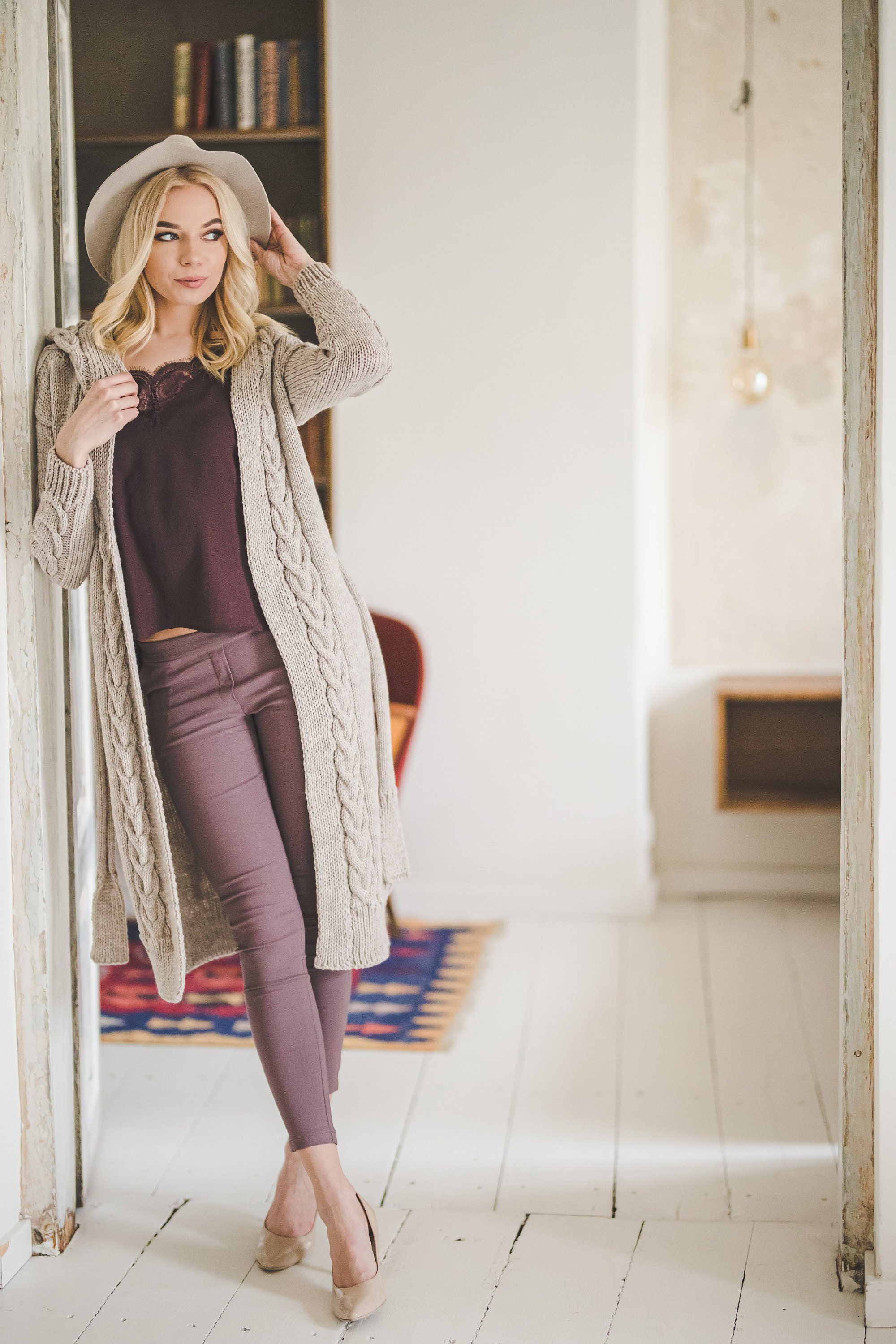 Chunky Knit Long Sweater Coat for Women, Cable Knit Hooded Cardigan ...