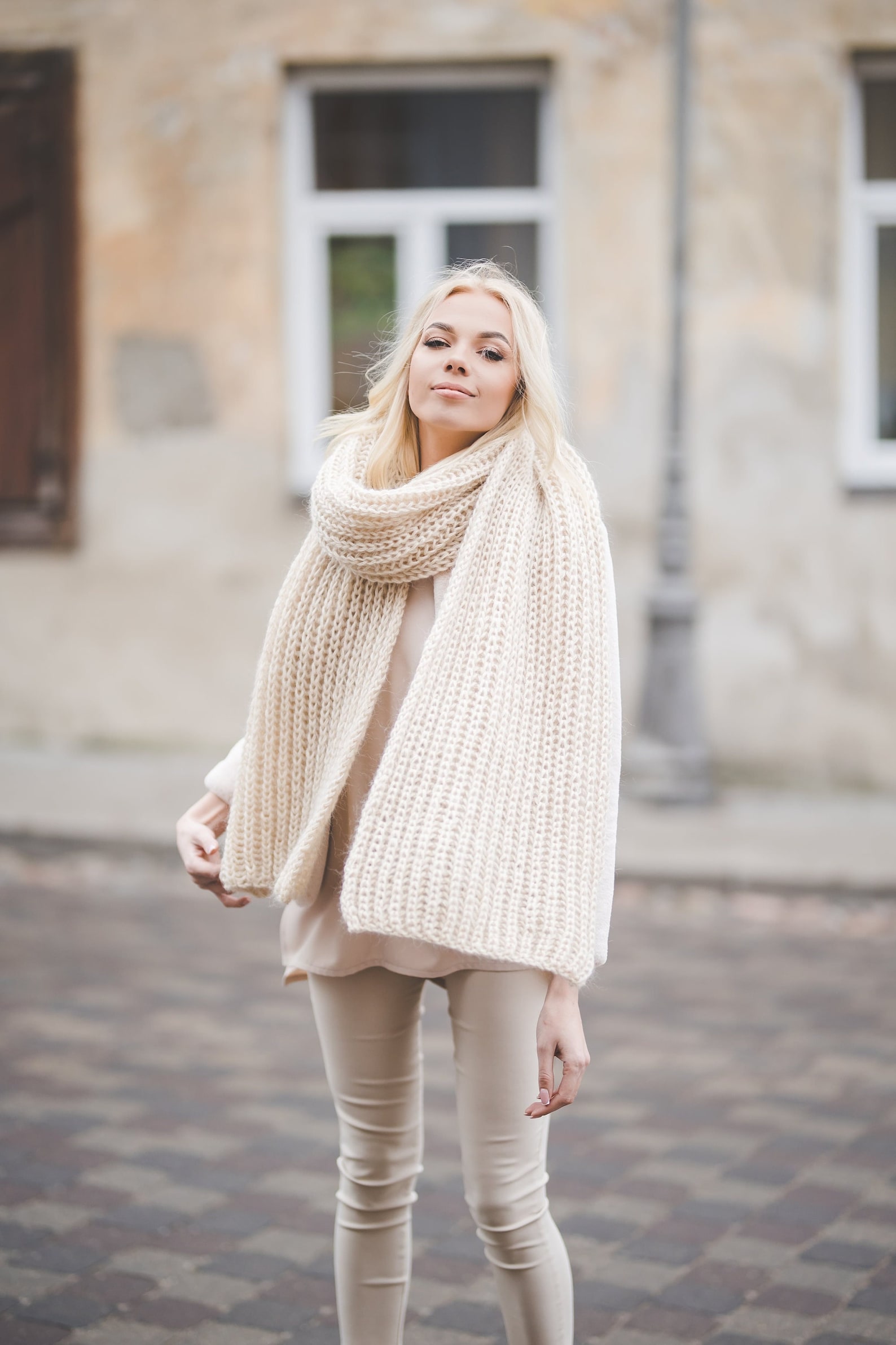 Oversized Long Winter Scarf, Wool Ivory Chunky Knit Woman Shawl, Big ...