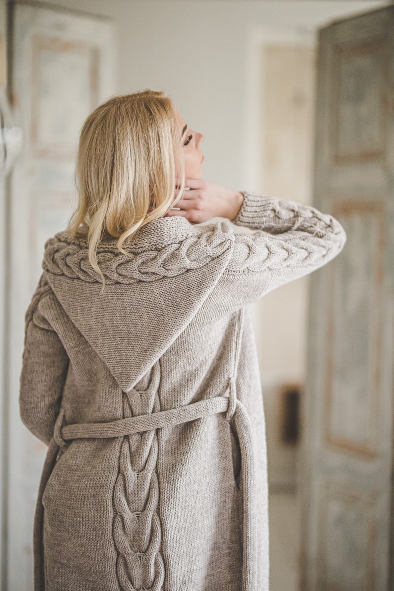 Chunky Knit Long Sweater Coat for Women, Cable Knit Hooded Cardigan ...
