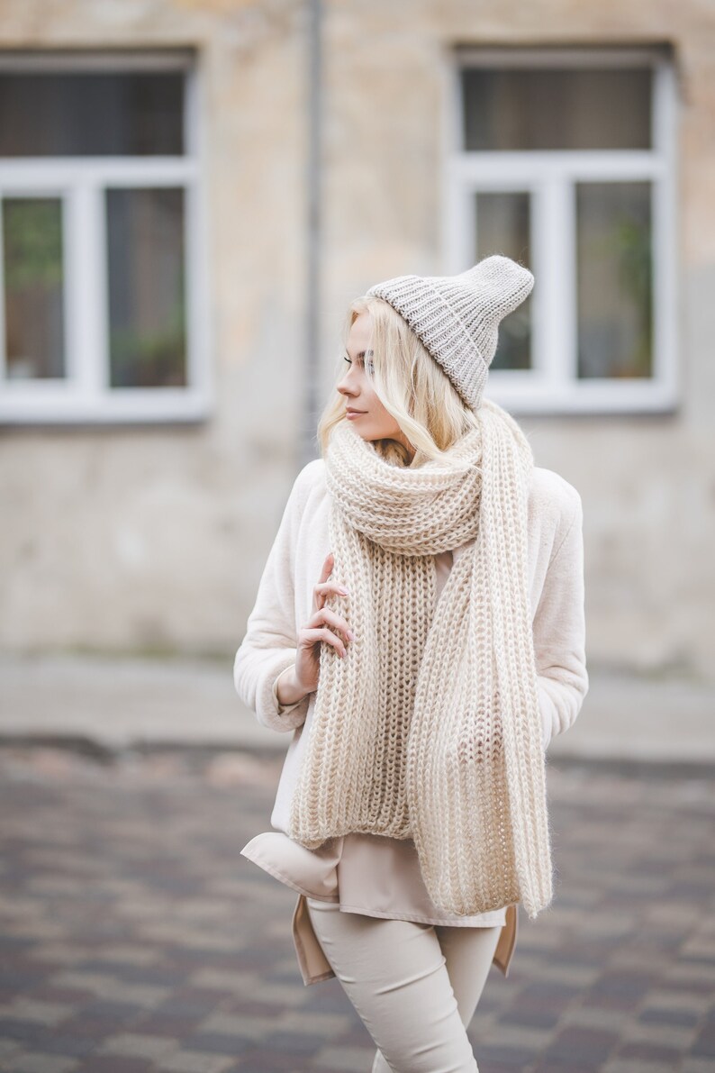 Oversized Long Winter Scarf, Wool Ivory Chunky Knit Woman Shawl, Big ...