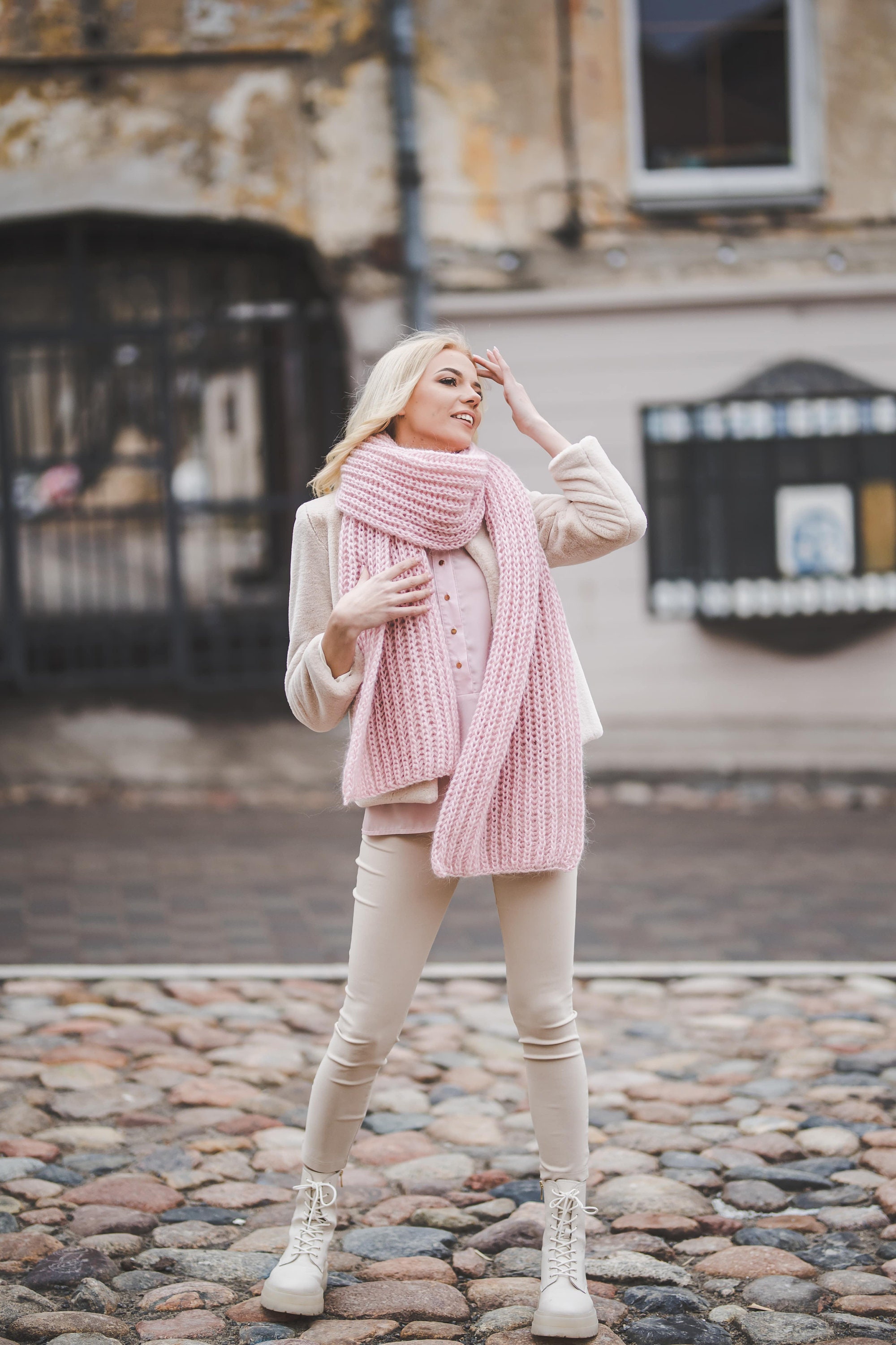 Soft Long Winter Scarf, Fluffy Powder Pink Women Shawl, Chunky Neck ...