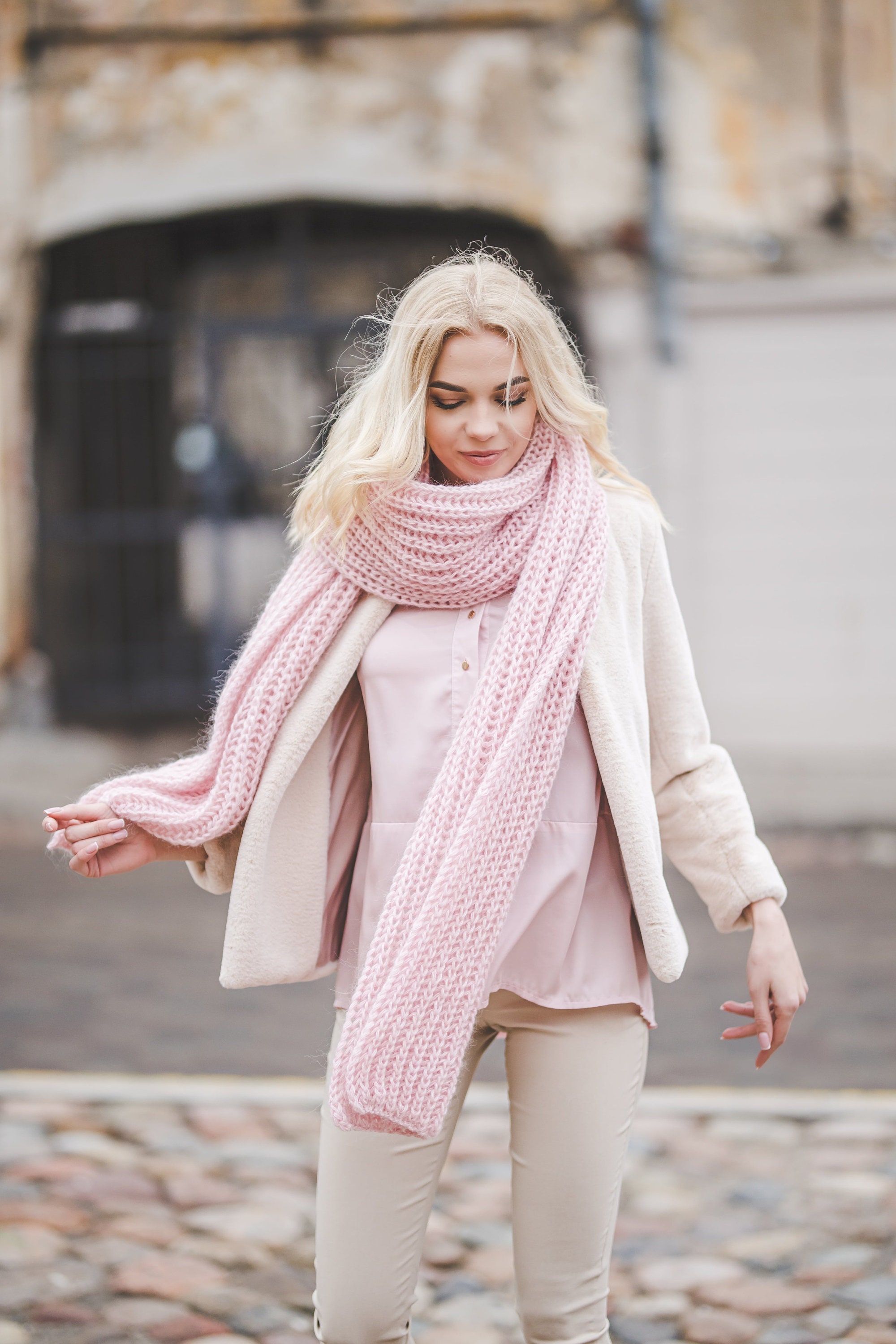 Soft Long Winter Scarf, Fluffy Powder Pink Women Shawl, Chunky Neck ...