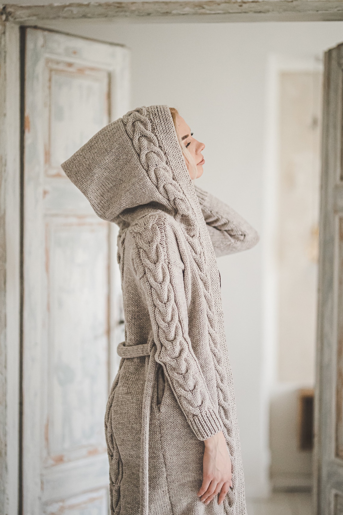 Chunky Knit Long Sweater Coat for Women Cable Knit Hooded - Etsy