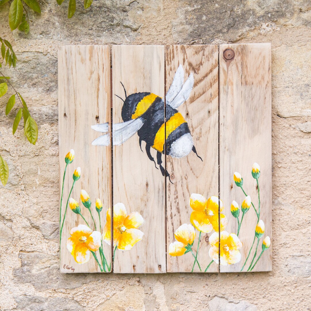Hand Painted Bumble Bee Original Artwork. Acrylic Paint on Reclaimed ...