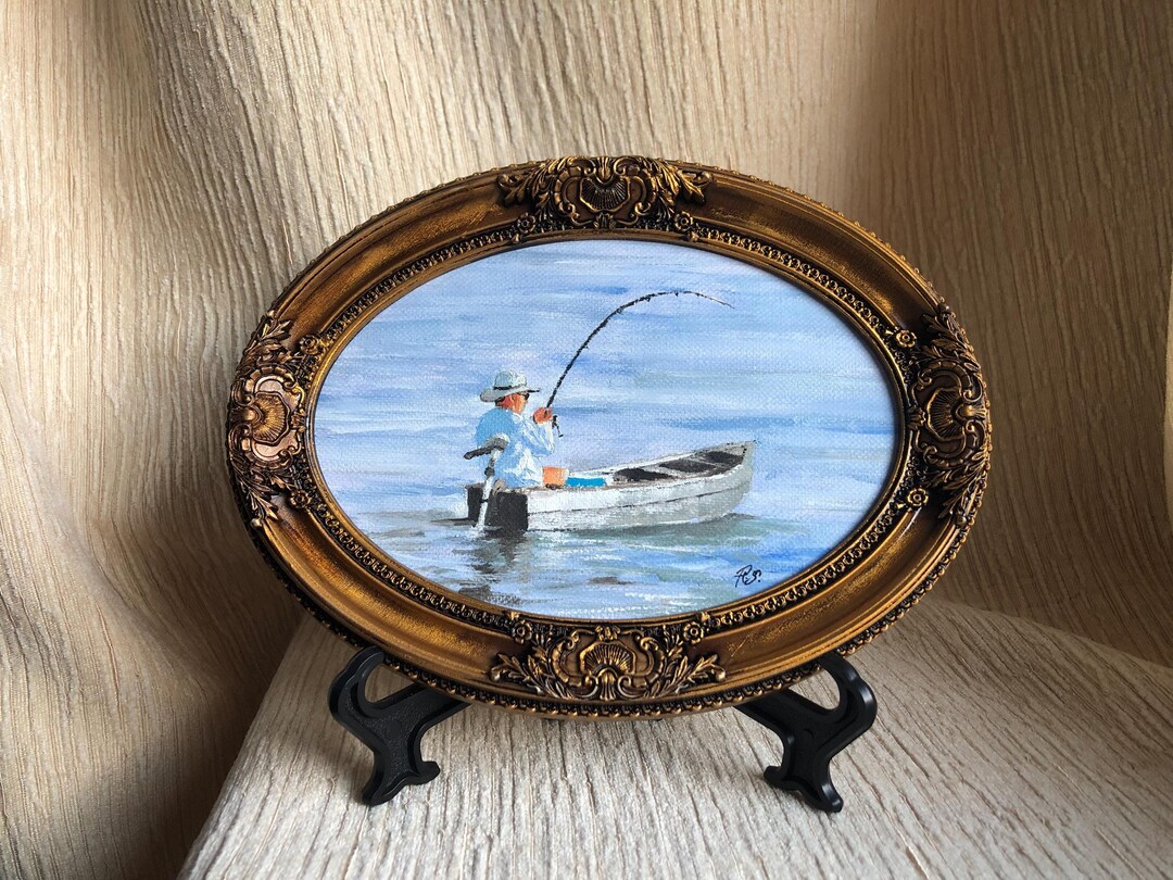 Fishing Framed Oil Painting on Canvas - Fisherman Hand Painted Oval Oil ...