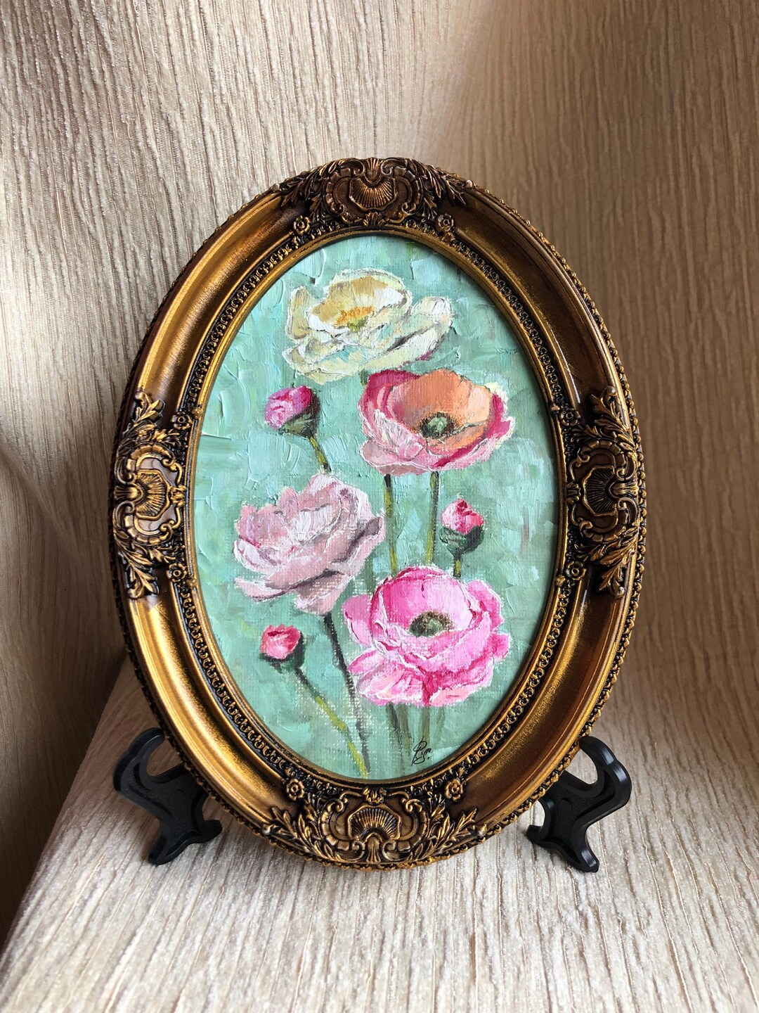 Poppies Small Framed Oil Painting on Canvas - Floral Oval Still Life in ...