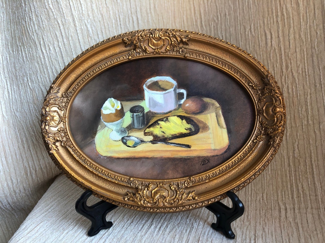 Original Framed Oval Oil Painting Still Life Breakfast. Egg, Bread ...
