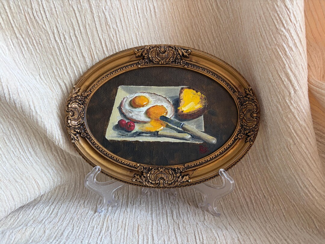 Framed Handmade Breakfast Oil Still Life Painting: Fried Eggs, Bread ...