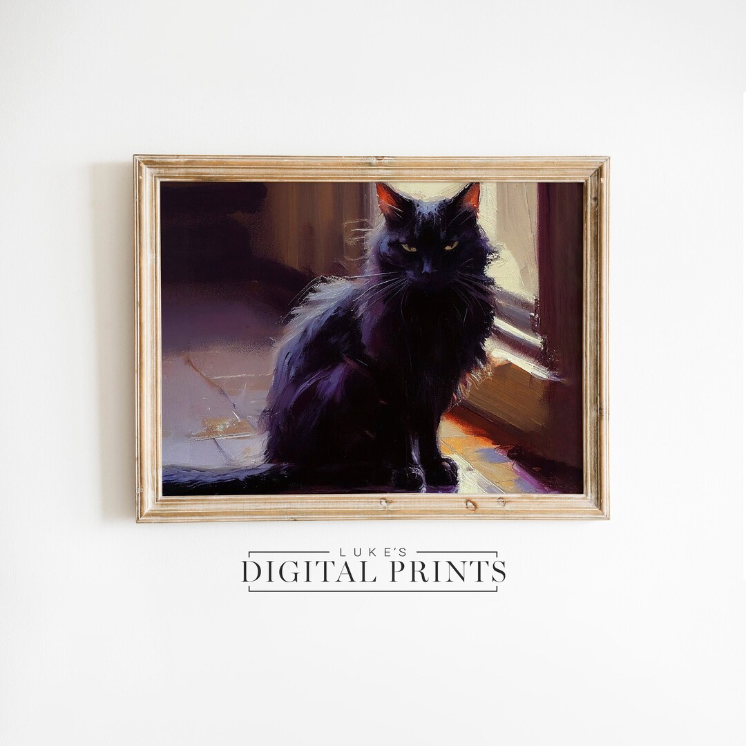 PRINTABLE Black Cat Dark Art Painting - Digital Print Download - Moody Cat Wall Decor Artwork ...