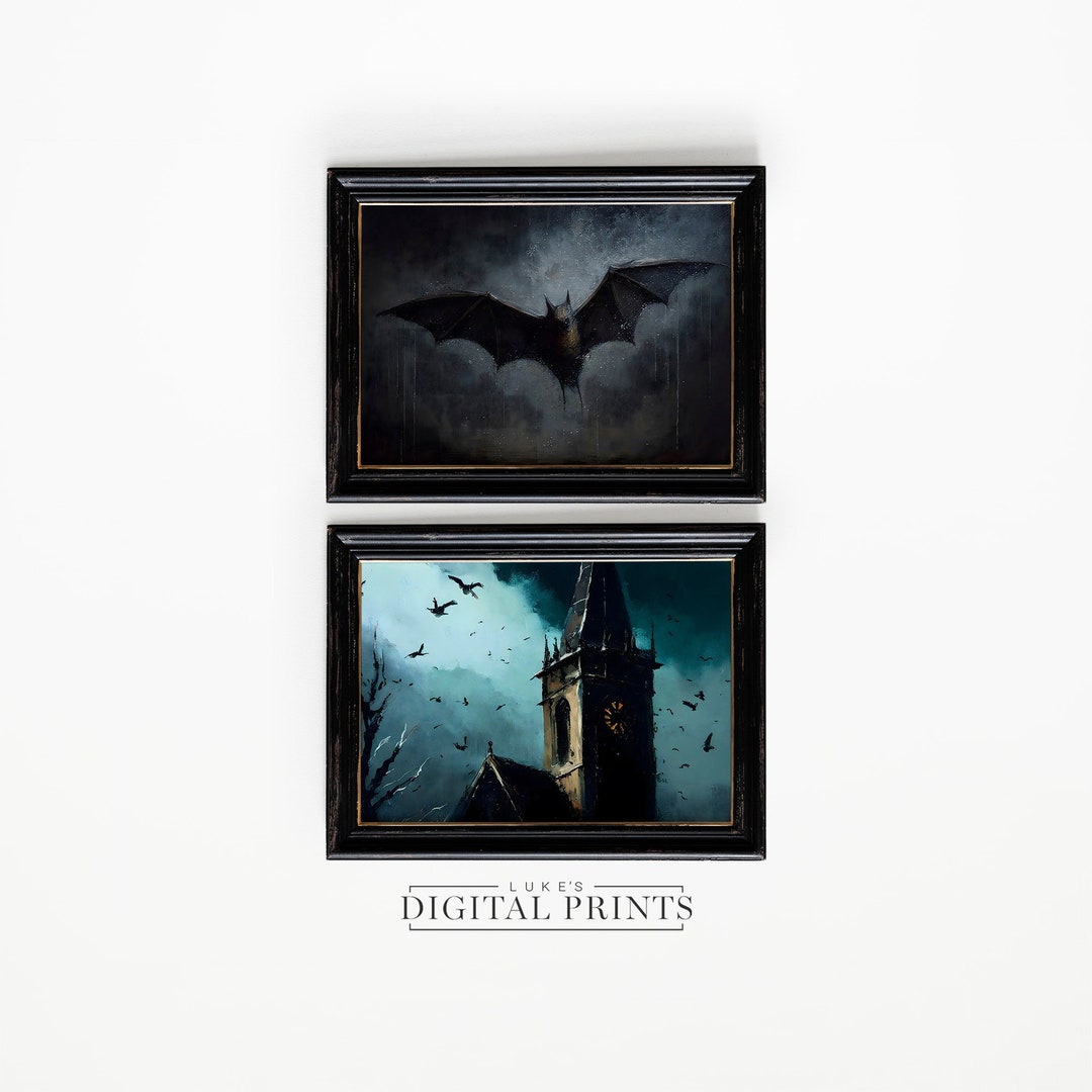 PRINTABLE Dark Church and Bat Painting Set of Two - Digital Print ...