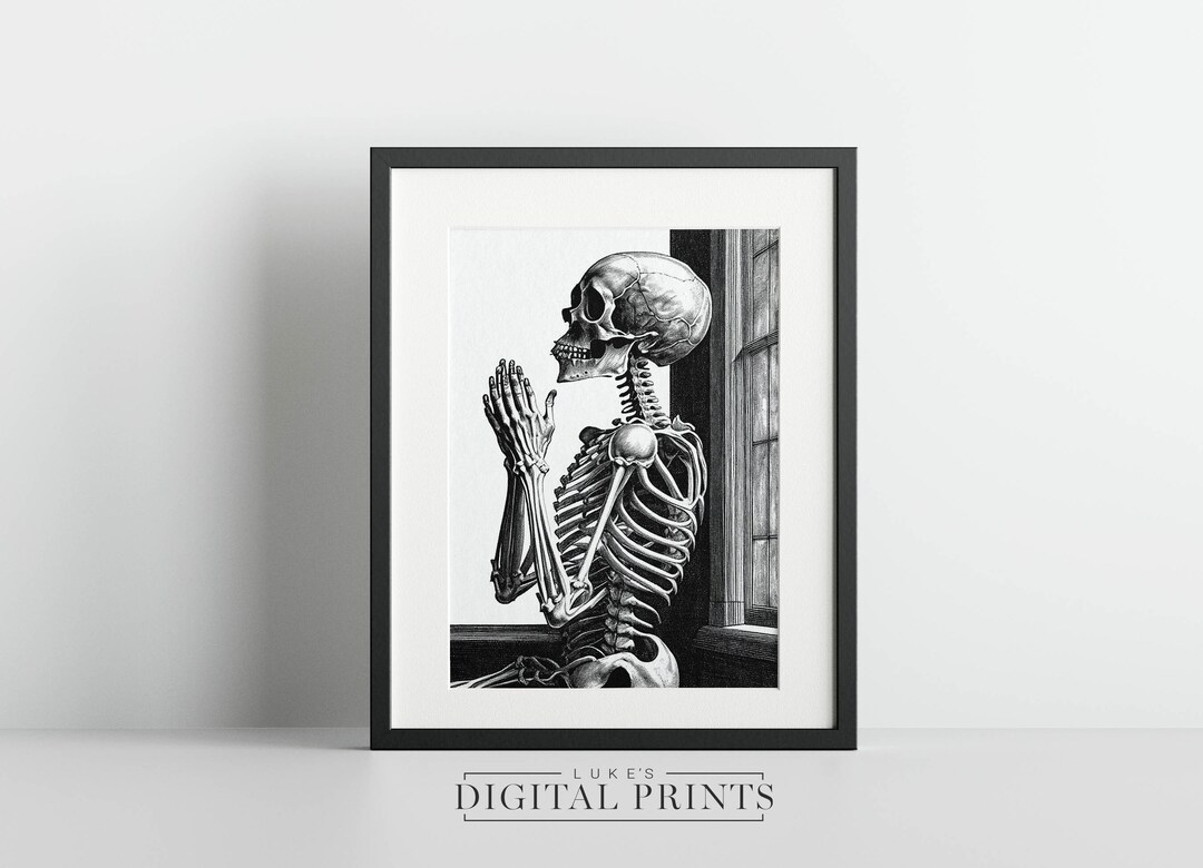 Praying Skeleton Drawing - Digital Print - Instant Poster Download ...