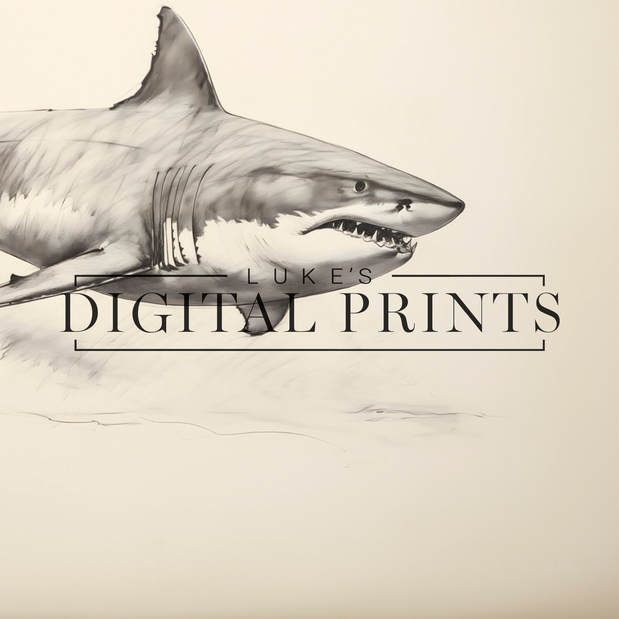 Great White Shark Drawing Print Digital Art Download Deep Ocean ...