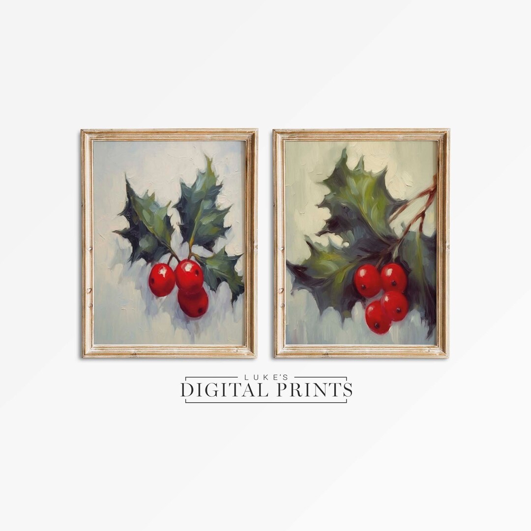Festive Holly Art PRINTABLE Decor Set of 2 - Digital Print Download ...