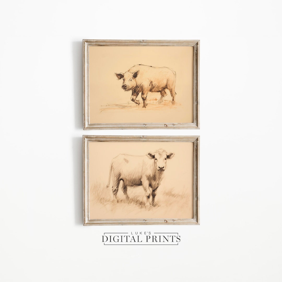 Vintage Cow & Pig Sketch Print Set of 2 - Digital Wall Art Download ...