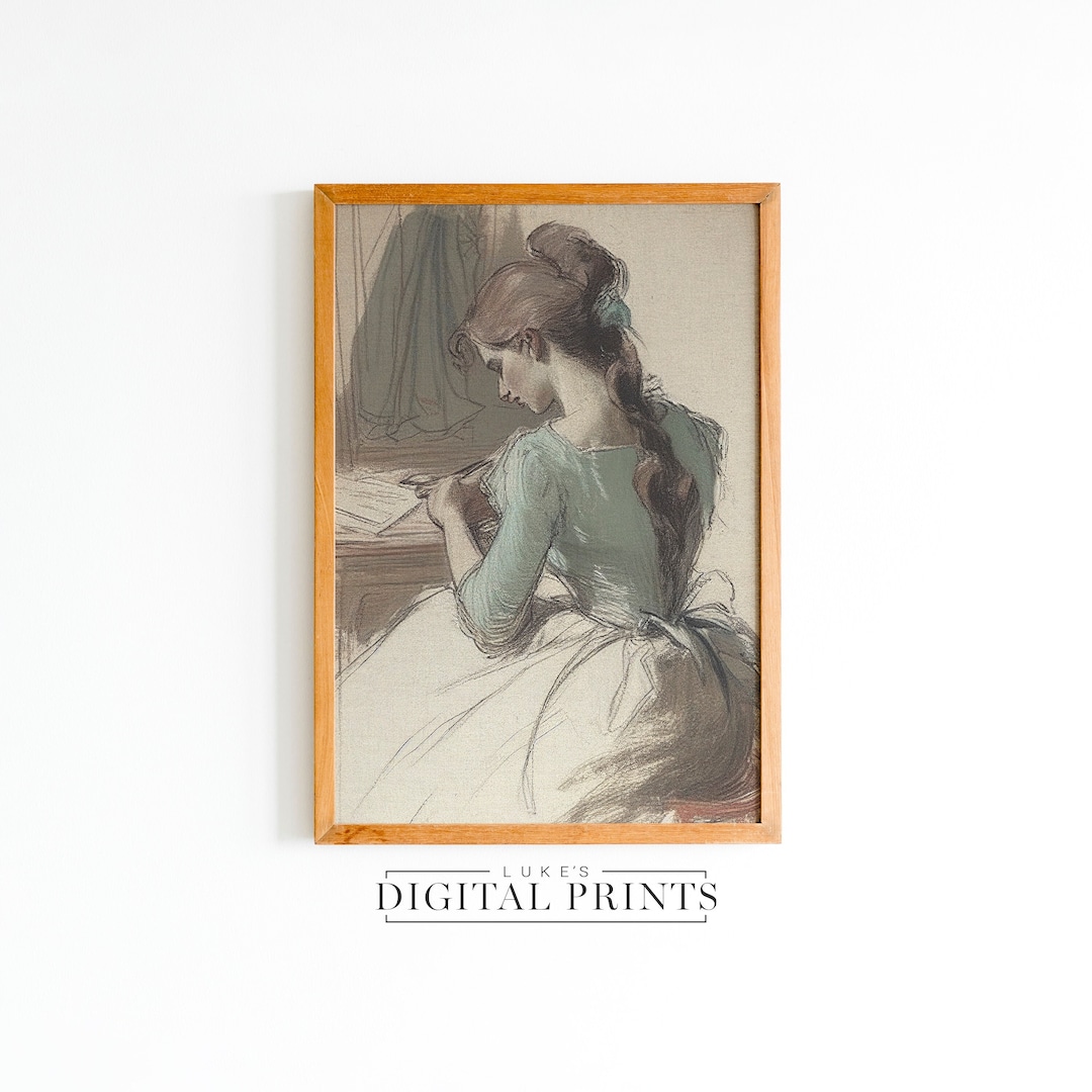 Vintage Portrait Drawing of Woman Working - Digital Print Download ...