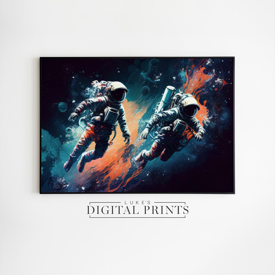 Two Astronauts Poster Portrait - Space Painting - Digital Print ...