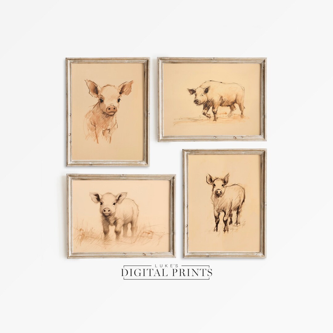 PRINTABLE Cute Pig Artwork Set of 4 - Digital Download Bundle - Neutral ...