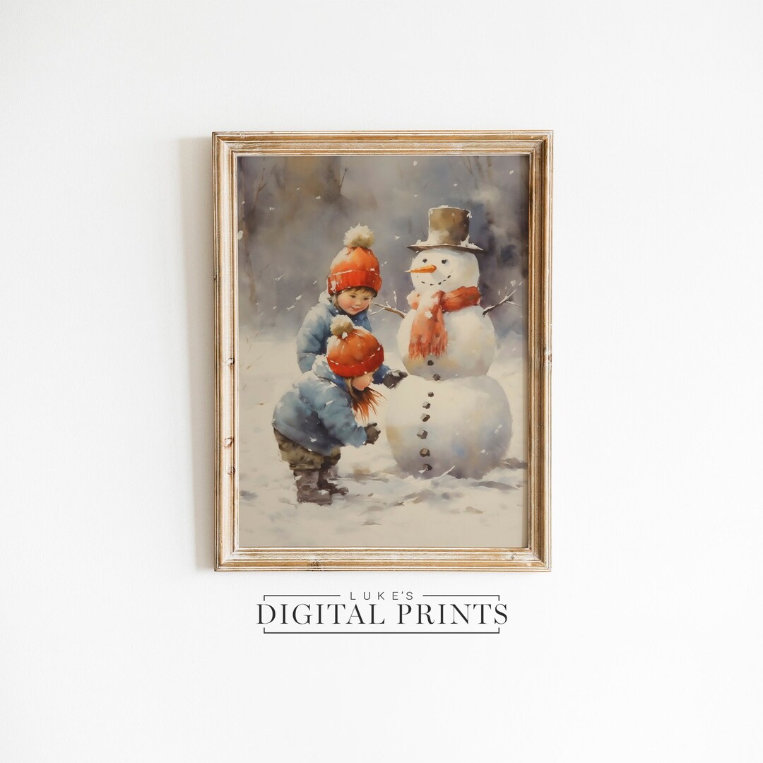 Vintage Children Building Snowman PRINTABLE Christmas Decor - Digital ...