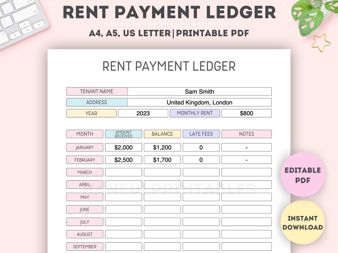 Printable Rent Payment Ledger: Editable Tenant Payment Tracker (a4/a5 ...