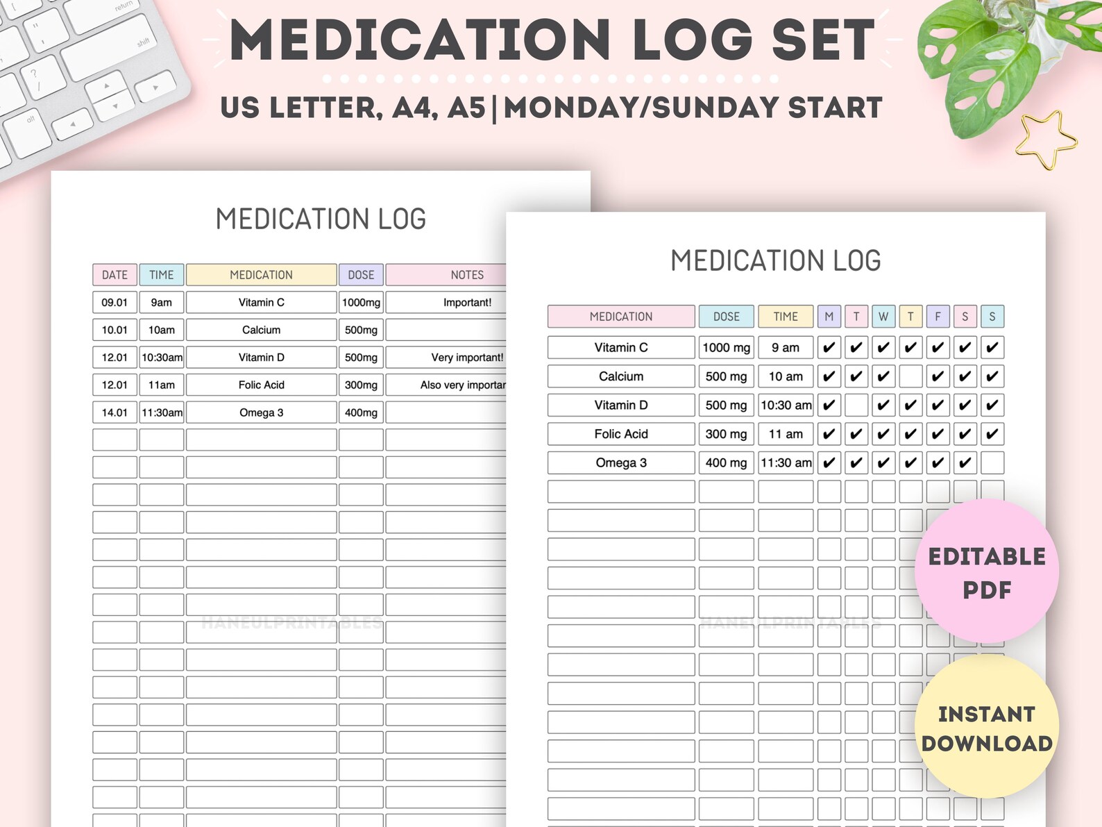 Editable Medication Log Set|printable Supplement Tracking Sheet ...