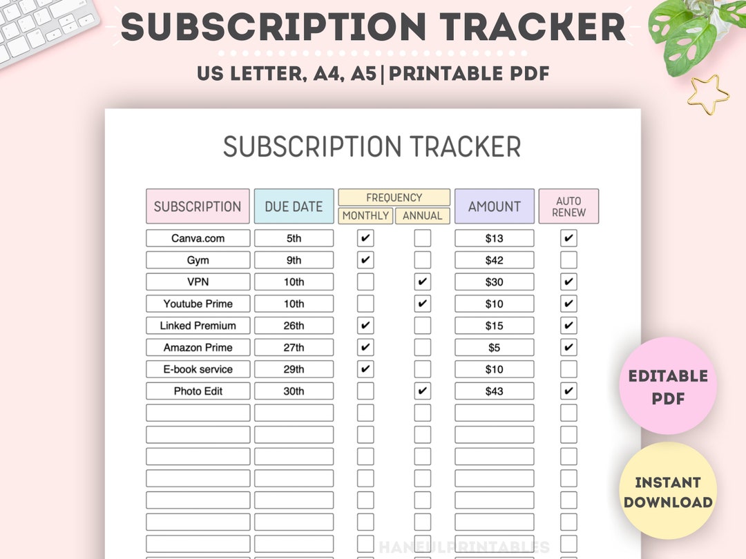Editable Subscription Tracker|printable Subscription Log|expense ...