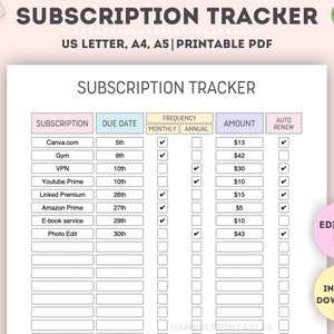 Editable Subscription Tracker|printable Subscription Log|expense ...