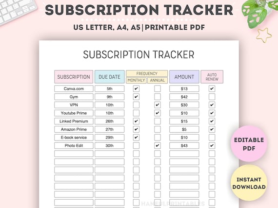 Editable Subscription Trackerprintable Subscription - Etsy