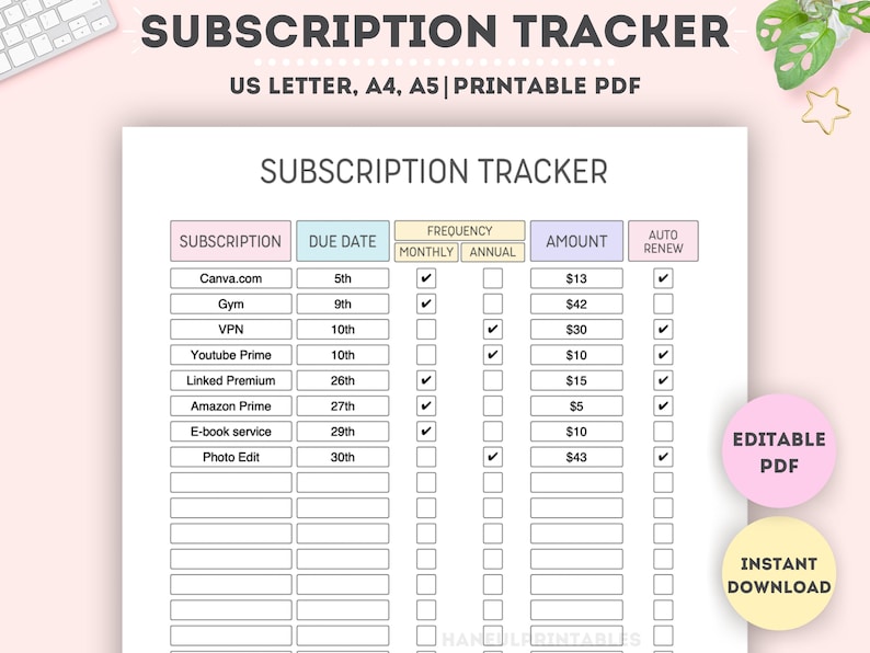 Editable Subscription Tracker|printable Subscription Log|expense ...