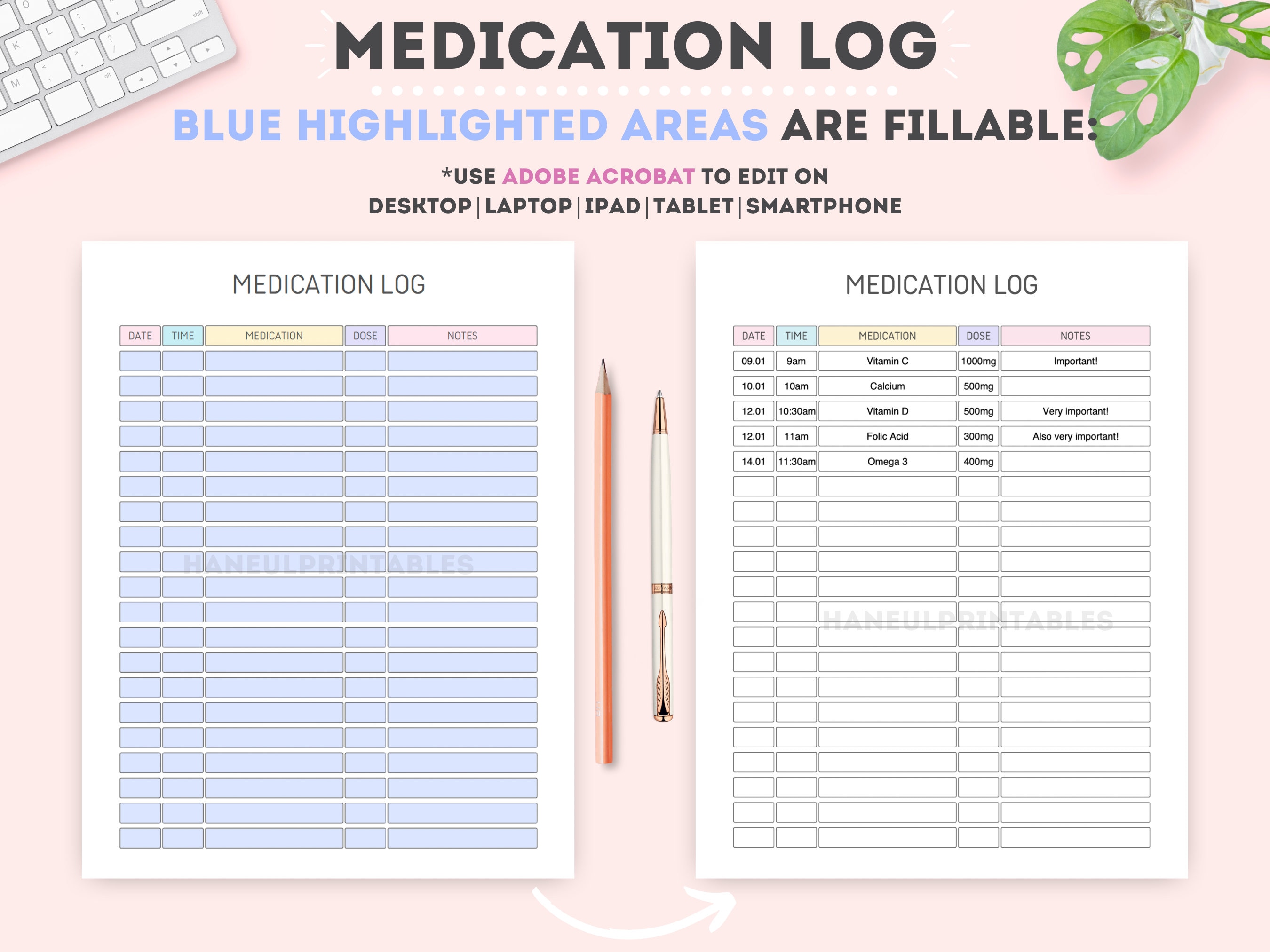 Editable Medication Logprintable Supplement Tracking Sheetmedication ...