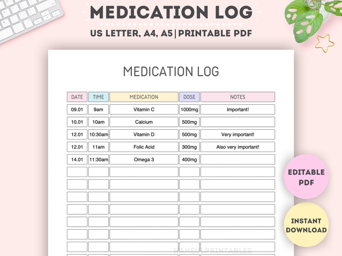 Editable Medication Logprintable Supplement Tracking Sheetmedication ...