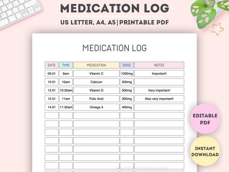 Editable Medication Log|printable Supplement Tracking Sheet|medication ...