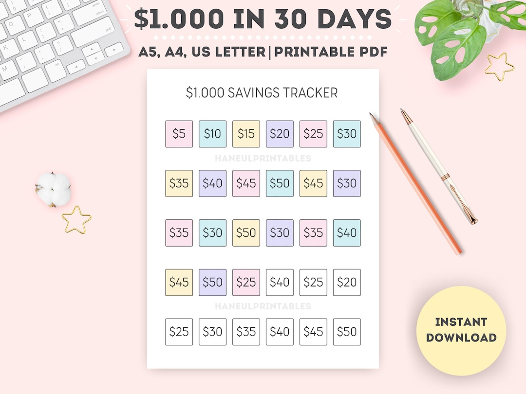 Printable Money Saving Tracker| Money Saving Challenge|save 1000 in 30 ...