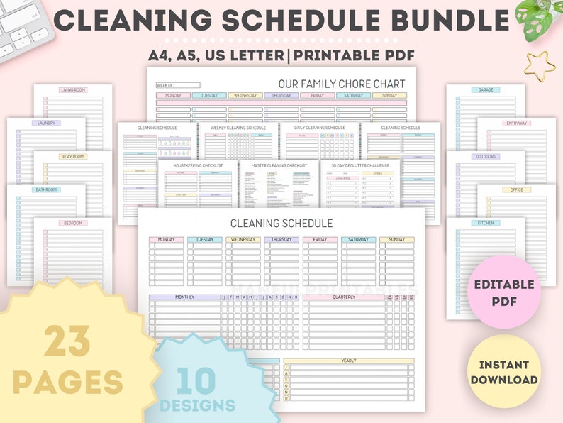 Editable Cleaning Schedule Bundle, Printable, Weekly, Monthly, Yearly ...
