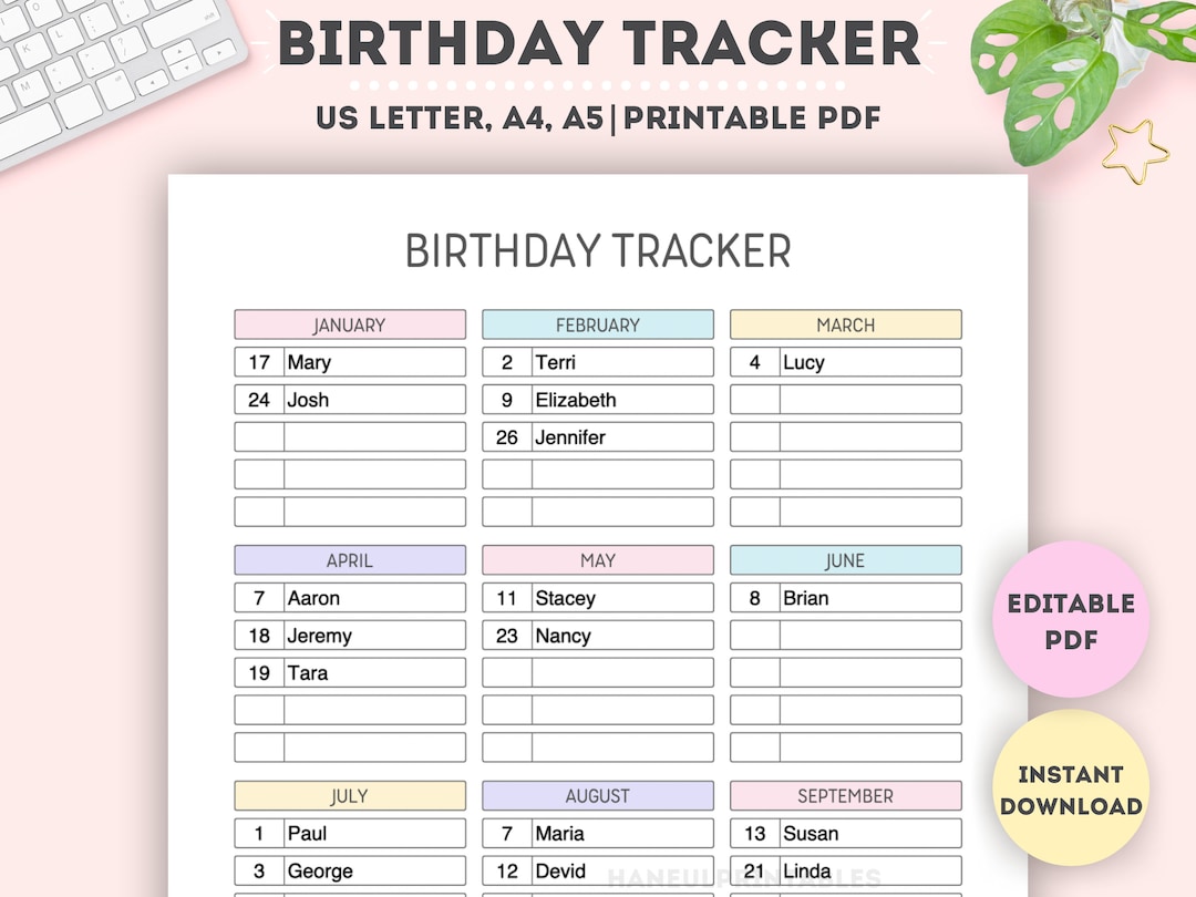 Editable Birthday Tracker|printable Birthday List|birthday Chart ...