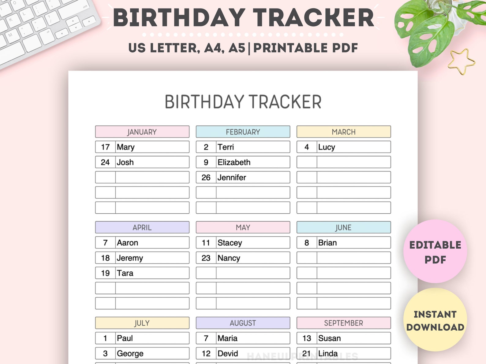 Editable Birthday Tracker|printable Birthday List|birthday Chart ...