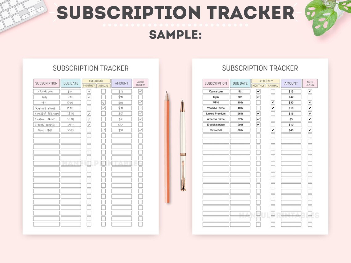 Editable Subscription Tracker|printable Subscription Log|expense ...