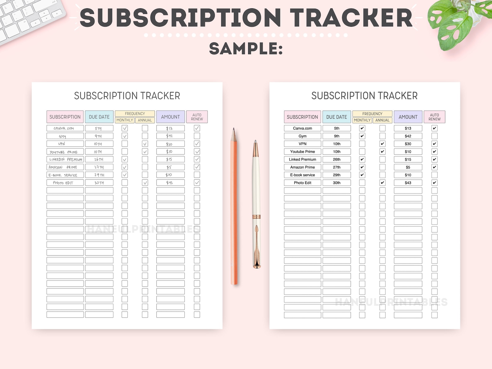 Editable Subscription Tracker|printable Subscription Log|expense ...