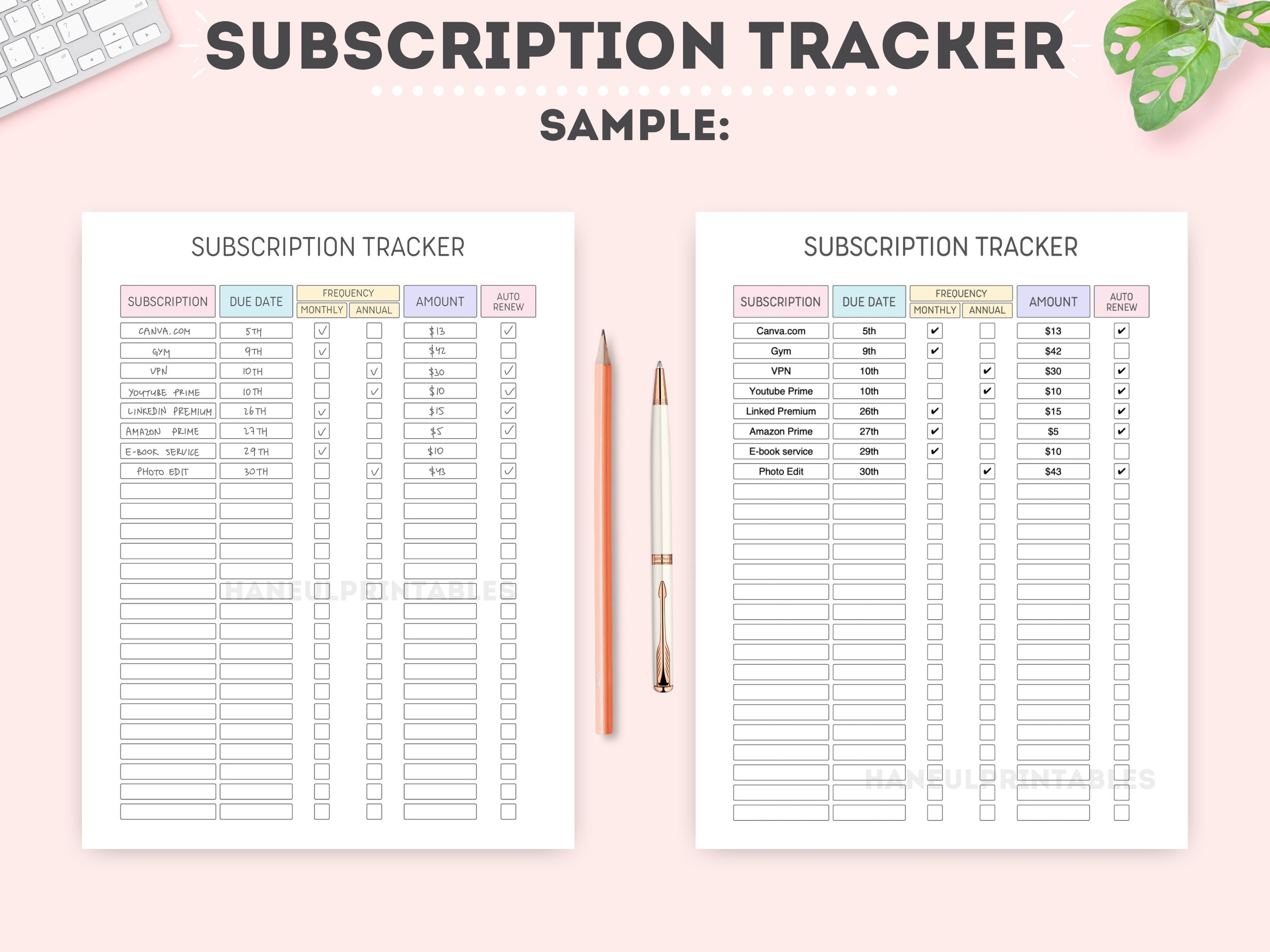 Editable Subscription Tracker|printable Subscription Log|expense ...